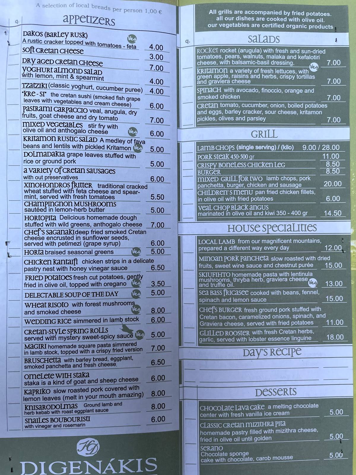 Menu at Kritamon, Archanes