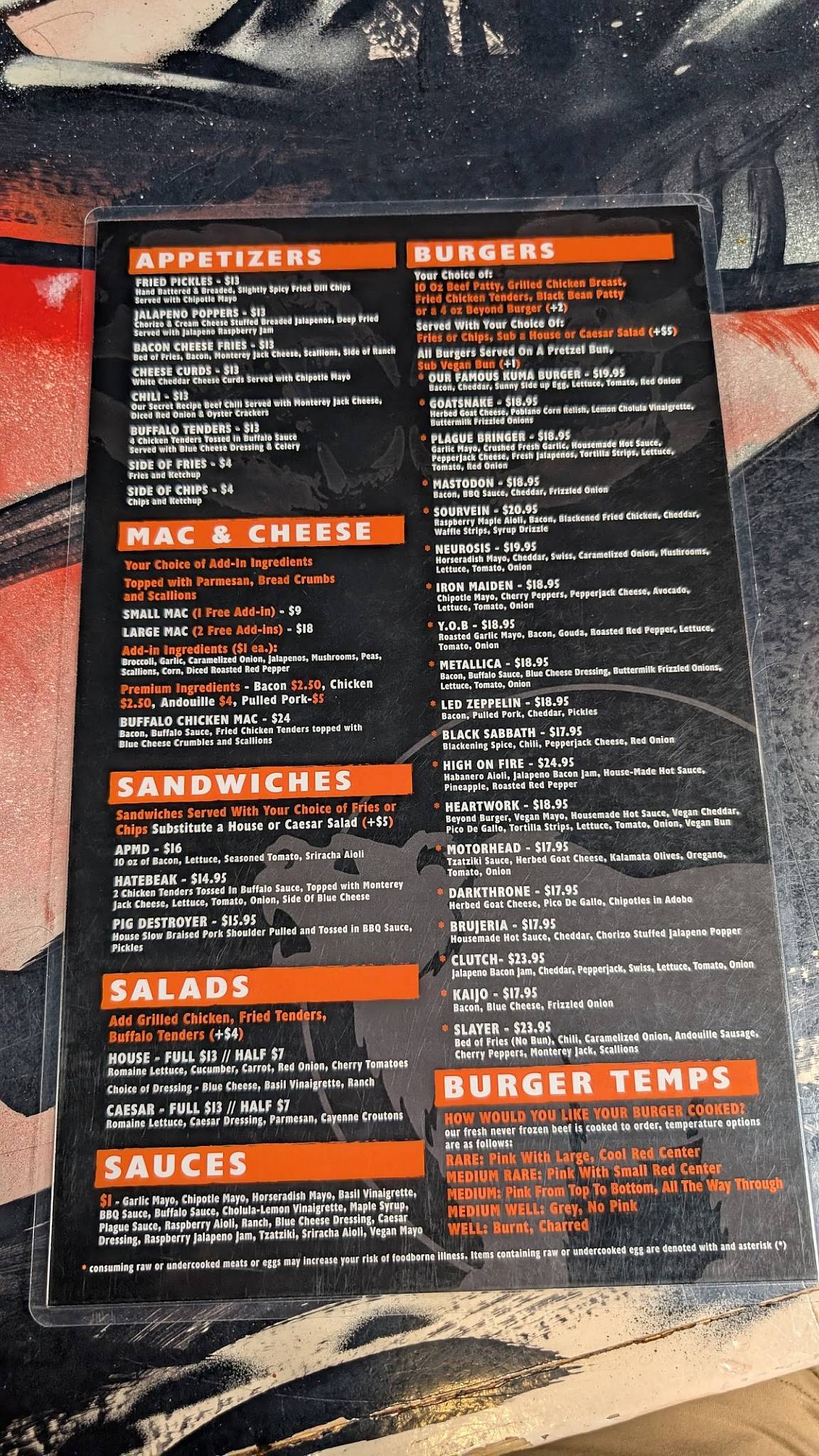 Menu at Kuma's Corner restaurant, Indianapolis