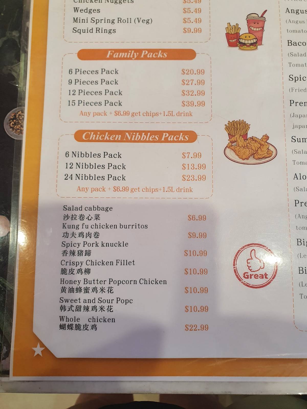 Carta de comida rápida Kung Fu Fried Chicken, Auckland