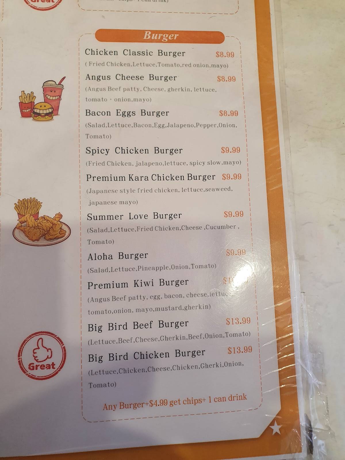 Carta de comida rápida Kung Fu Fried Chicken, Auckland