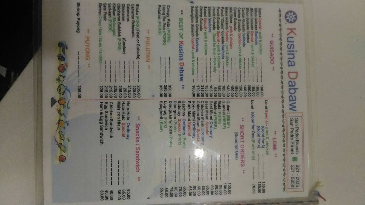 Menu at Kusina Dabaw restaurant, Davao City, San Pedro