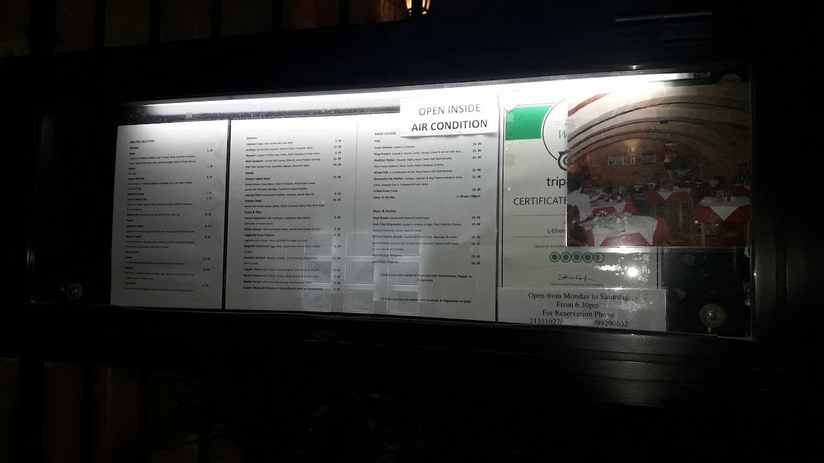 Menu at L-Ghonnella Restaurant, Saint Julian's