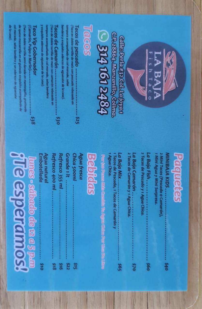 Menu at LA BAJA FISH TACO restaurant, Manzanillo
