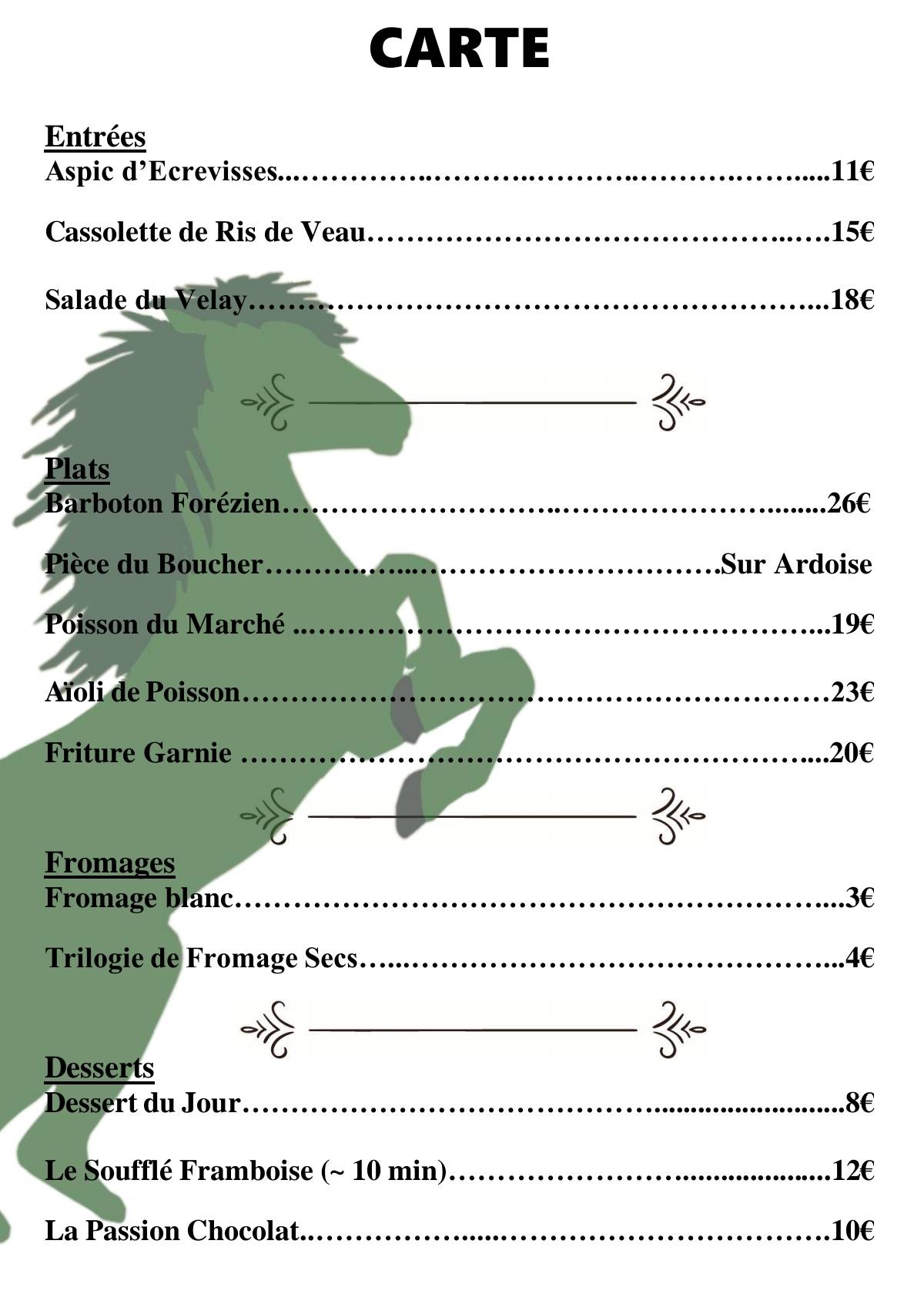 Menu au La Jument Verte2 restaurant, Unieux