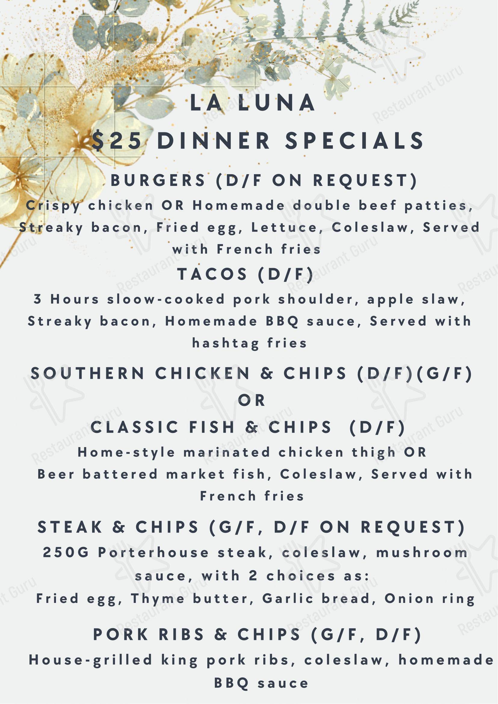 Menu at LA LUNA EATERY & BAR, Rangiora