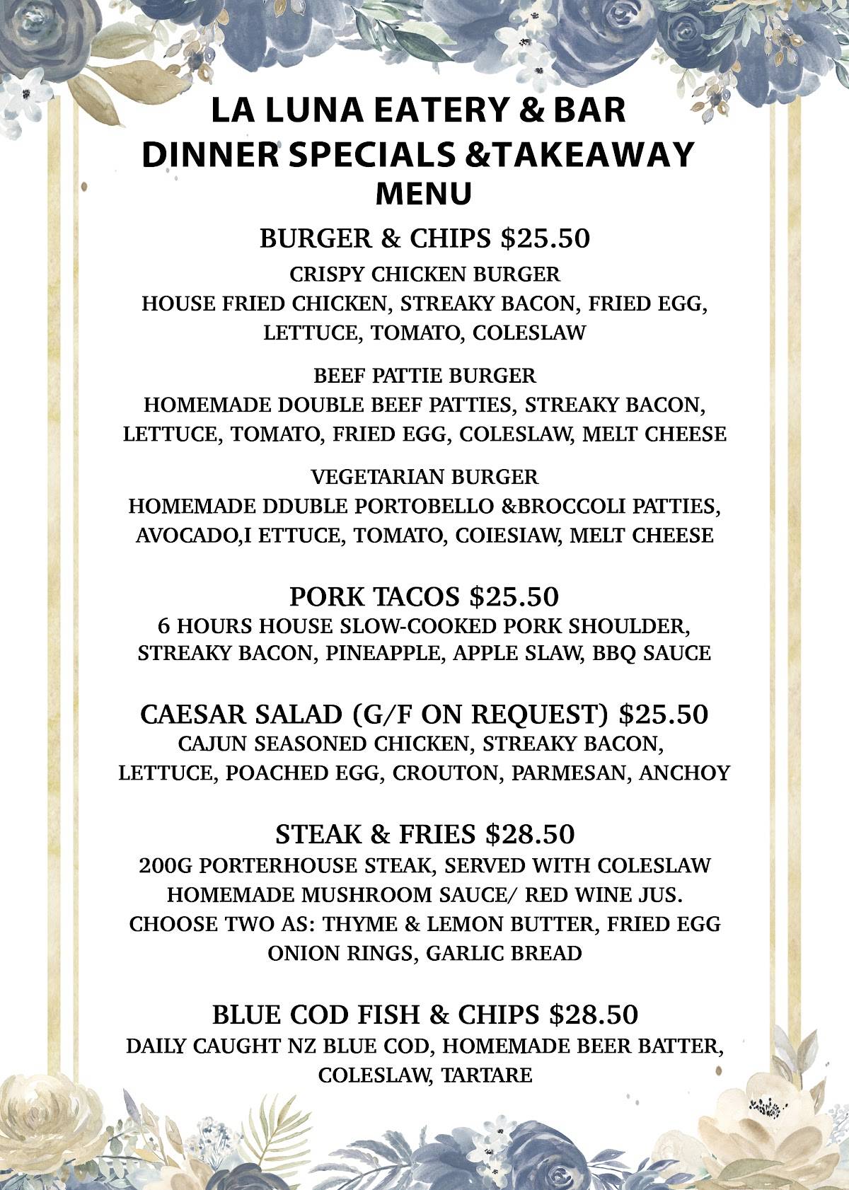 Menu at LA LUNA EATERY & BAR, Rangiora