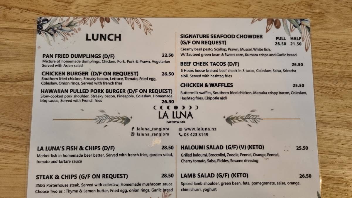 Menu at LA LUNA EATERY & BAR, Rangiora