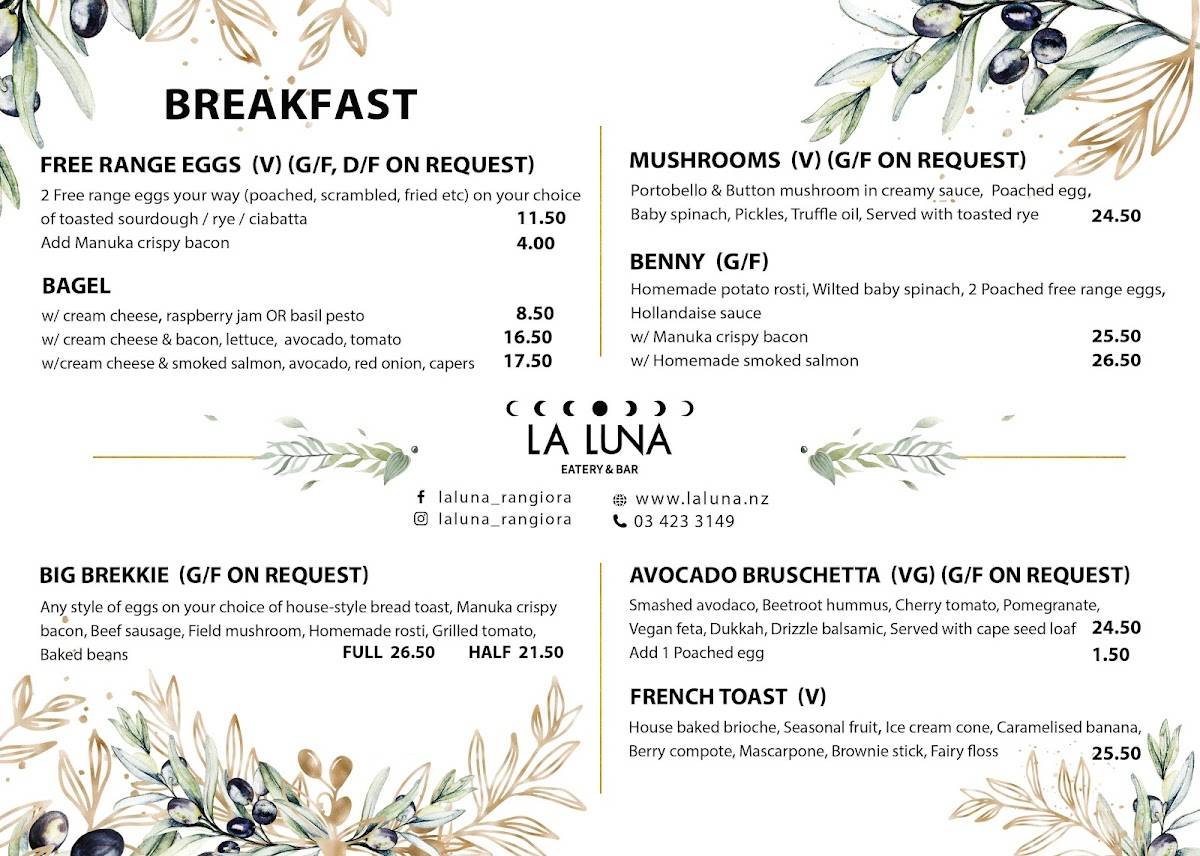 Menu at LA LUNA EATERY & BAR, Rangiora