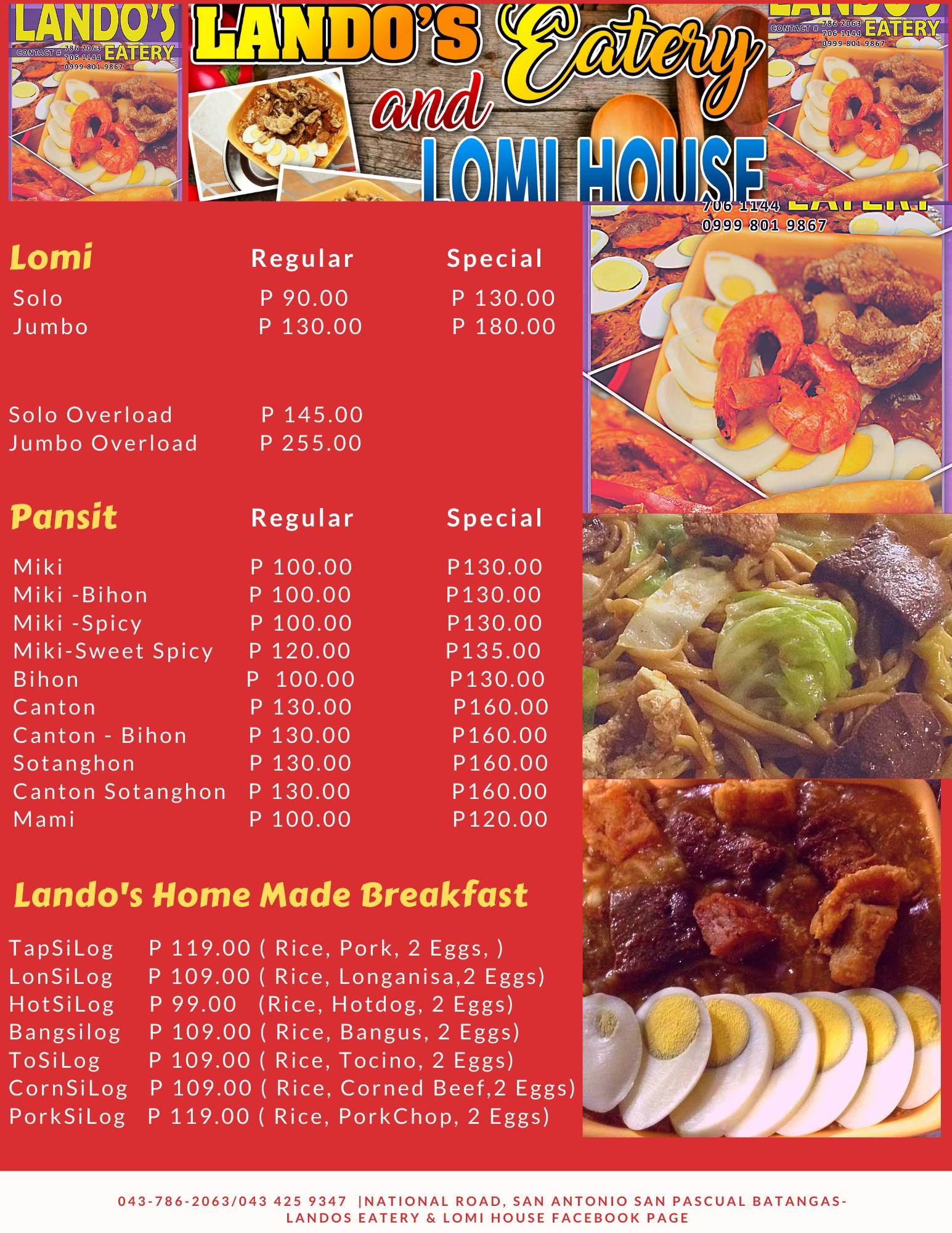 Menu at LANDO's Eatery & LOMI HOUSE restaurant, San Pascual