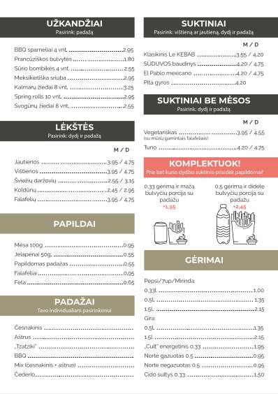Menu at LE KEBAB drive in (VINGIS) cafe, Vilnius