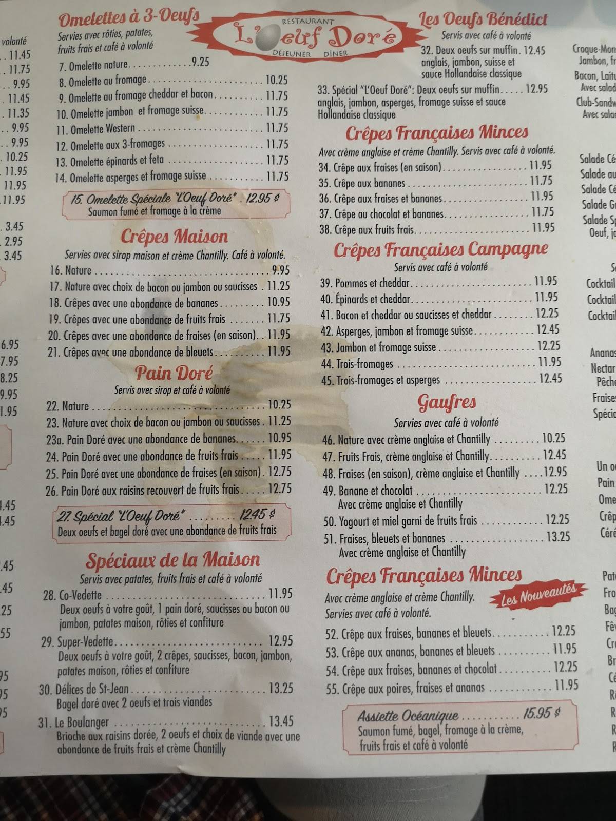 Menu au L'Oeuf Doré restaurant, Saint-Jean-sur-Richelieu