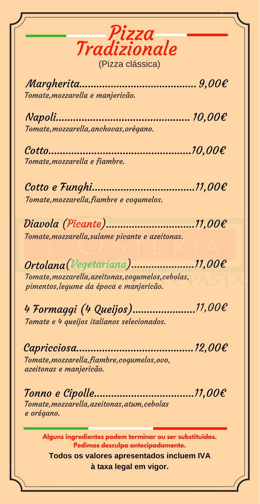 Menu em L'Osteria Pizza e Pasta pizzaria, Perafita