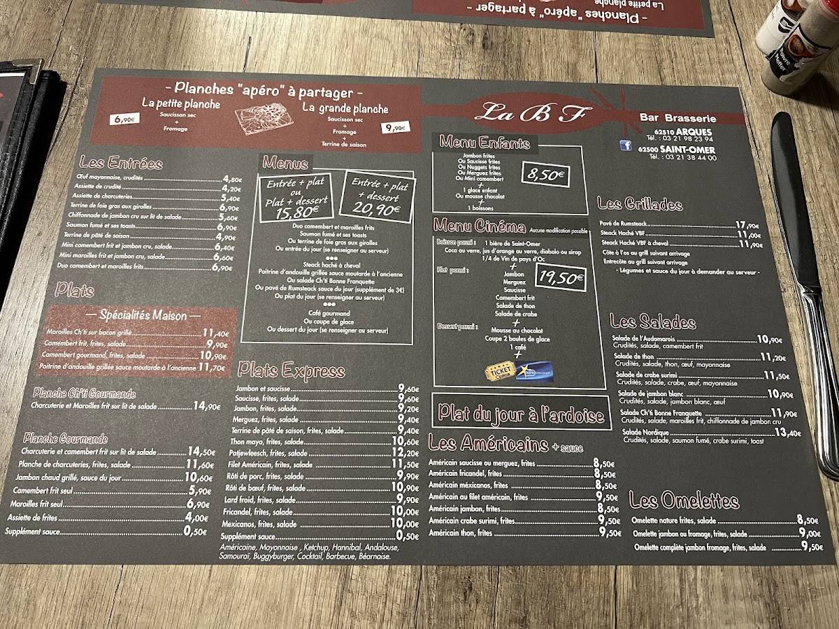 Menu au La BF pub et bar, Arques