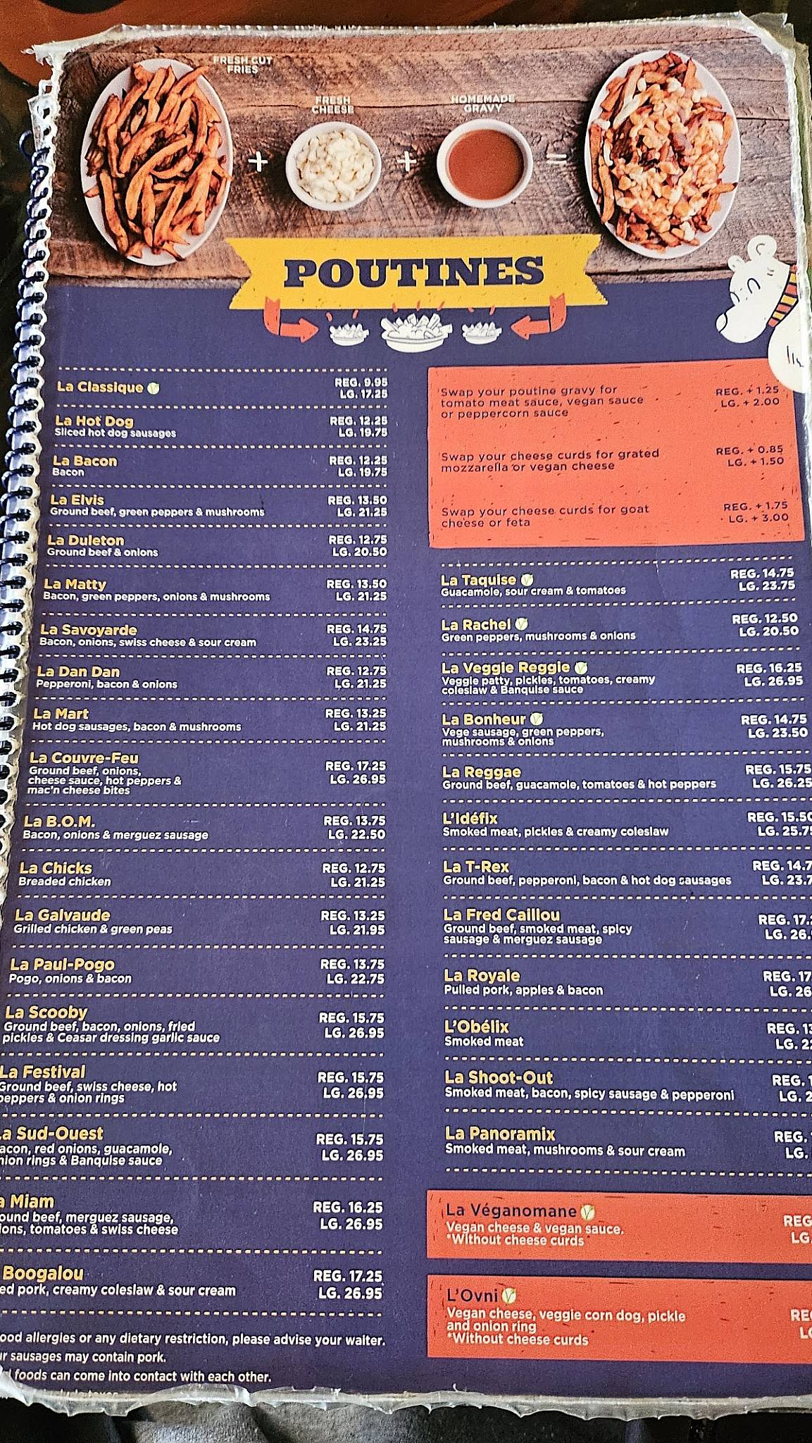 Carta del restaurante La Banquise, Montréal