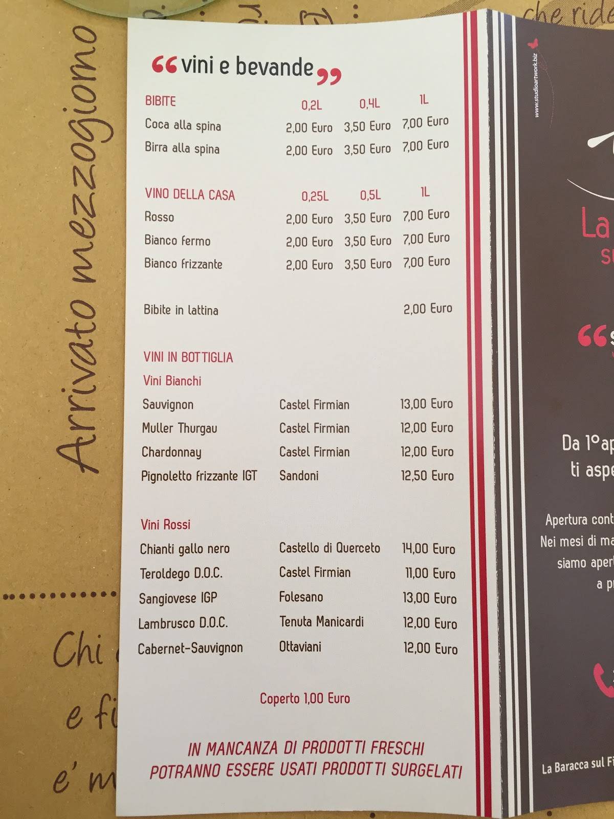 Menu da La Baracca sul Fiume, Monzuno, via Molino del pero