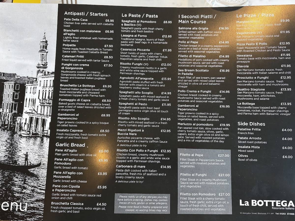 Menu at La Bottega restaurant, Blackpool