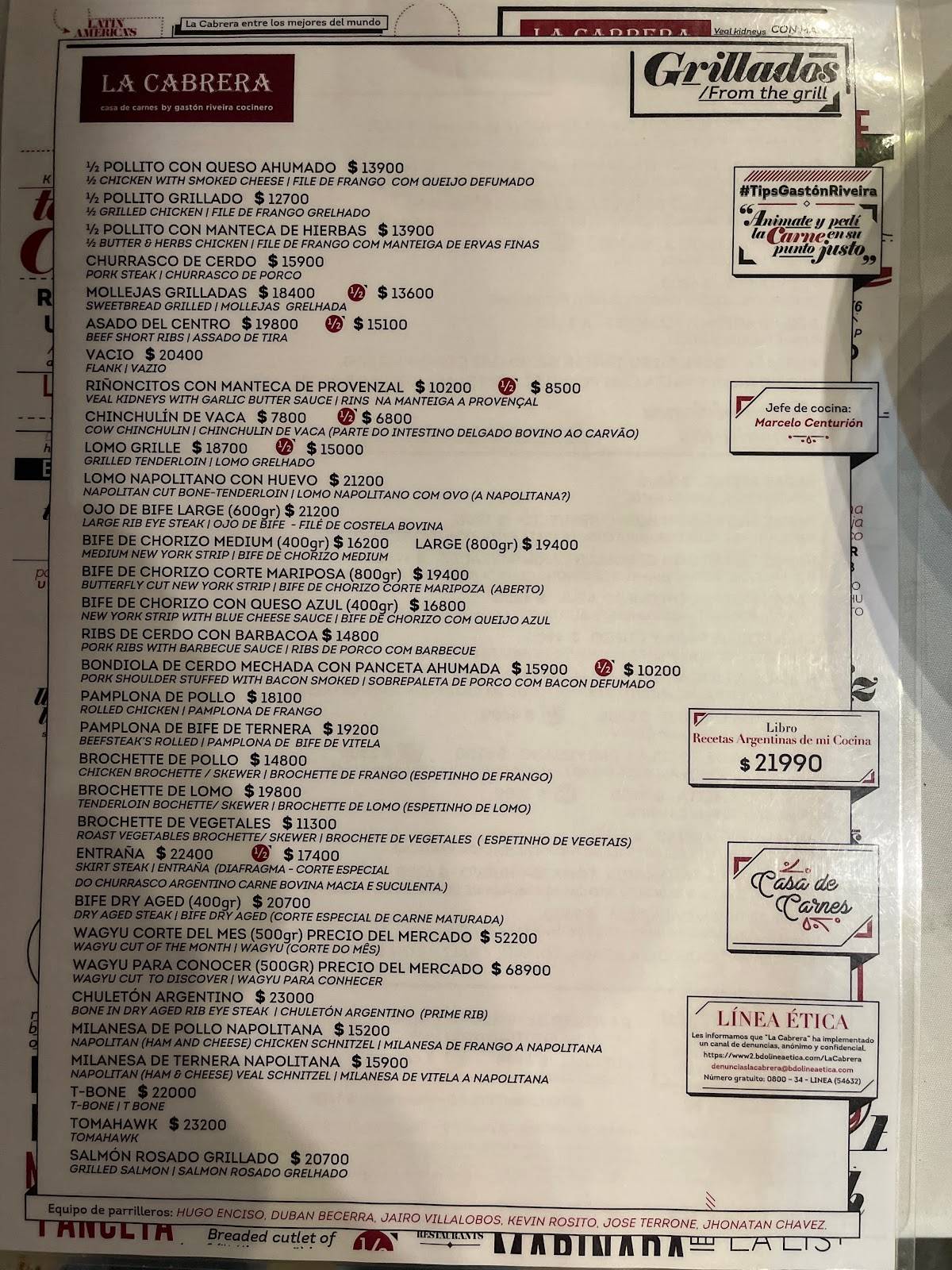 Menu at La Cabrera steakhouse, Buenos Aires, José A. Cabrera 5127