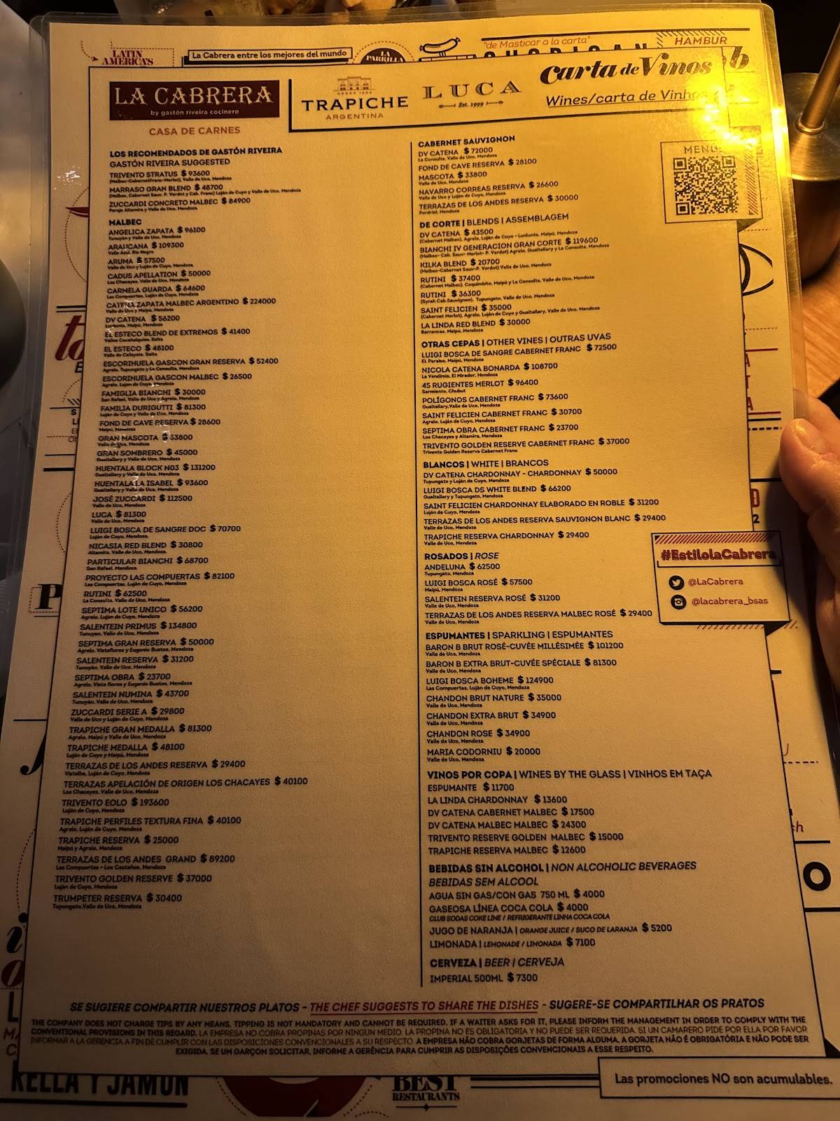 Menu at La Cabrera steakhouse, Buenos Aires, José A. Cabrera 5127