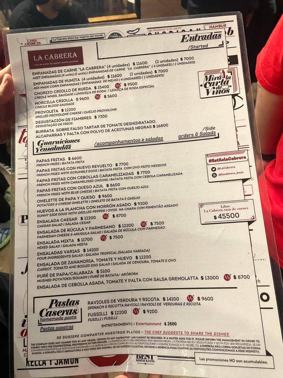 Menu at La Cabrera steakhouse, Buenos Aires, José A. Cabrera 5127