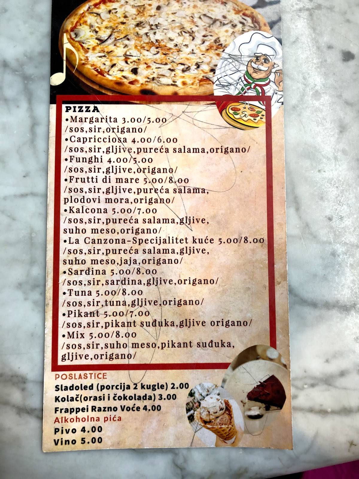 Carta del restaurante La Canzona, Sarajevo