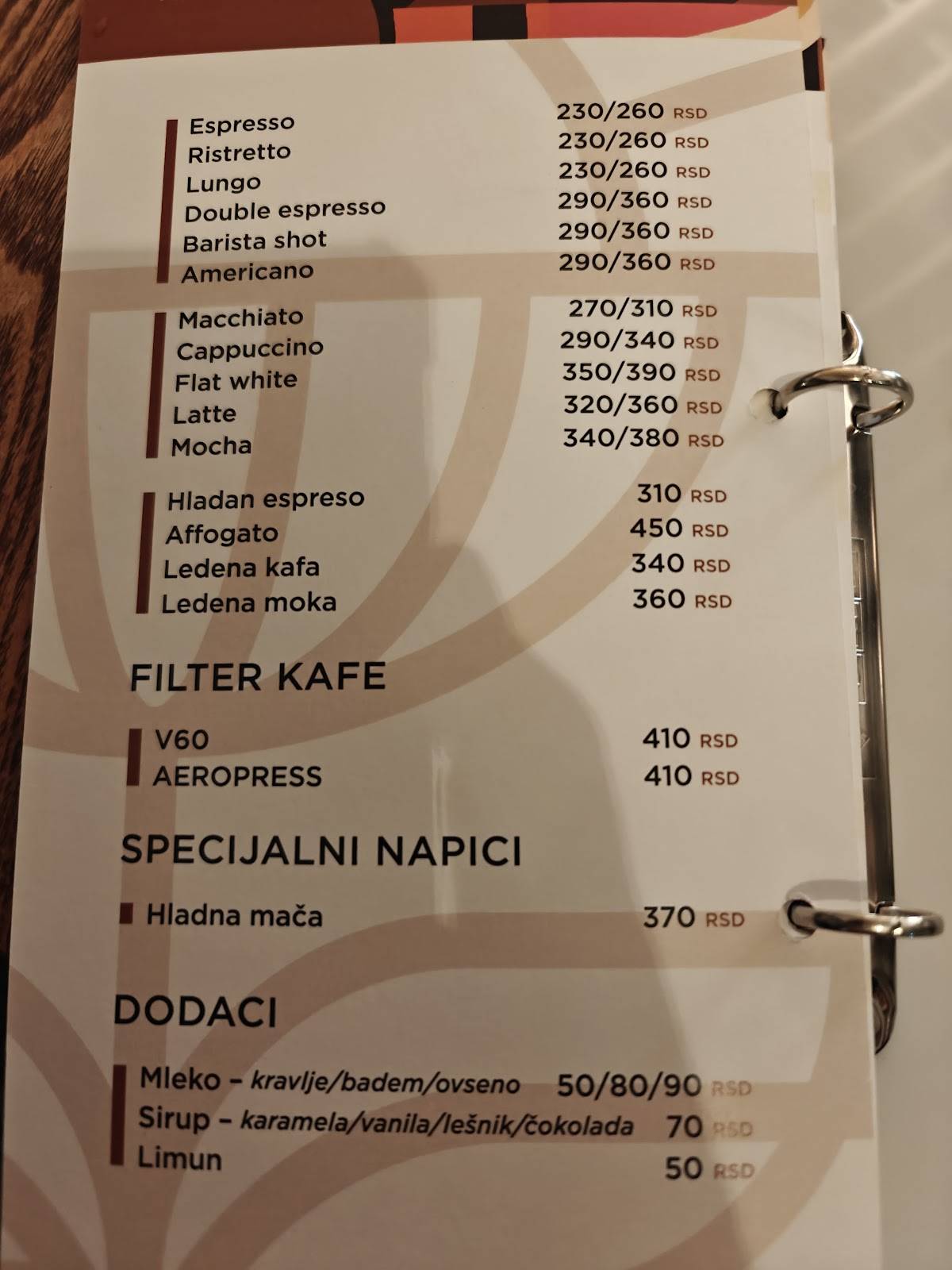 Menu at La Casa De Caffe cafe, Belgrade
