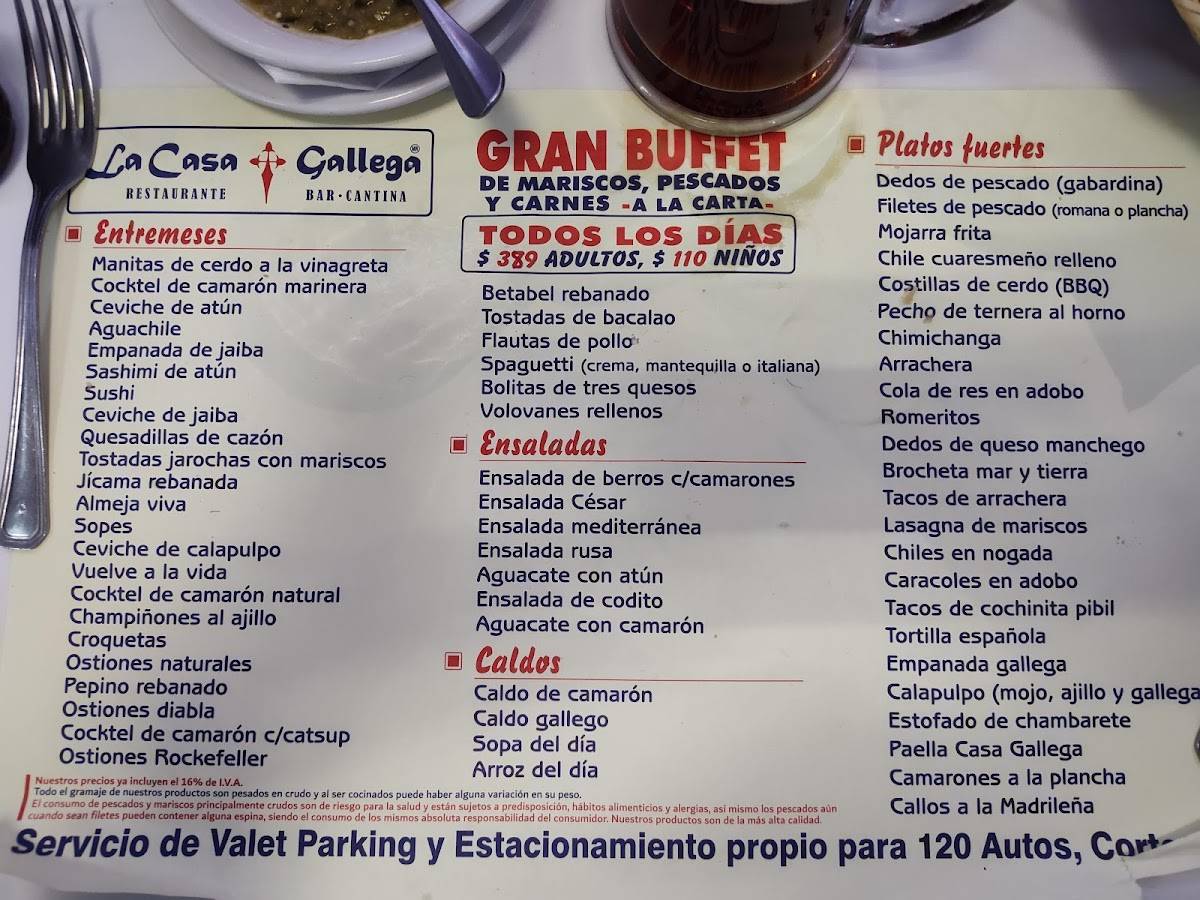 Carta del restaurante La Casa Gallega, Ciudad del México