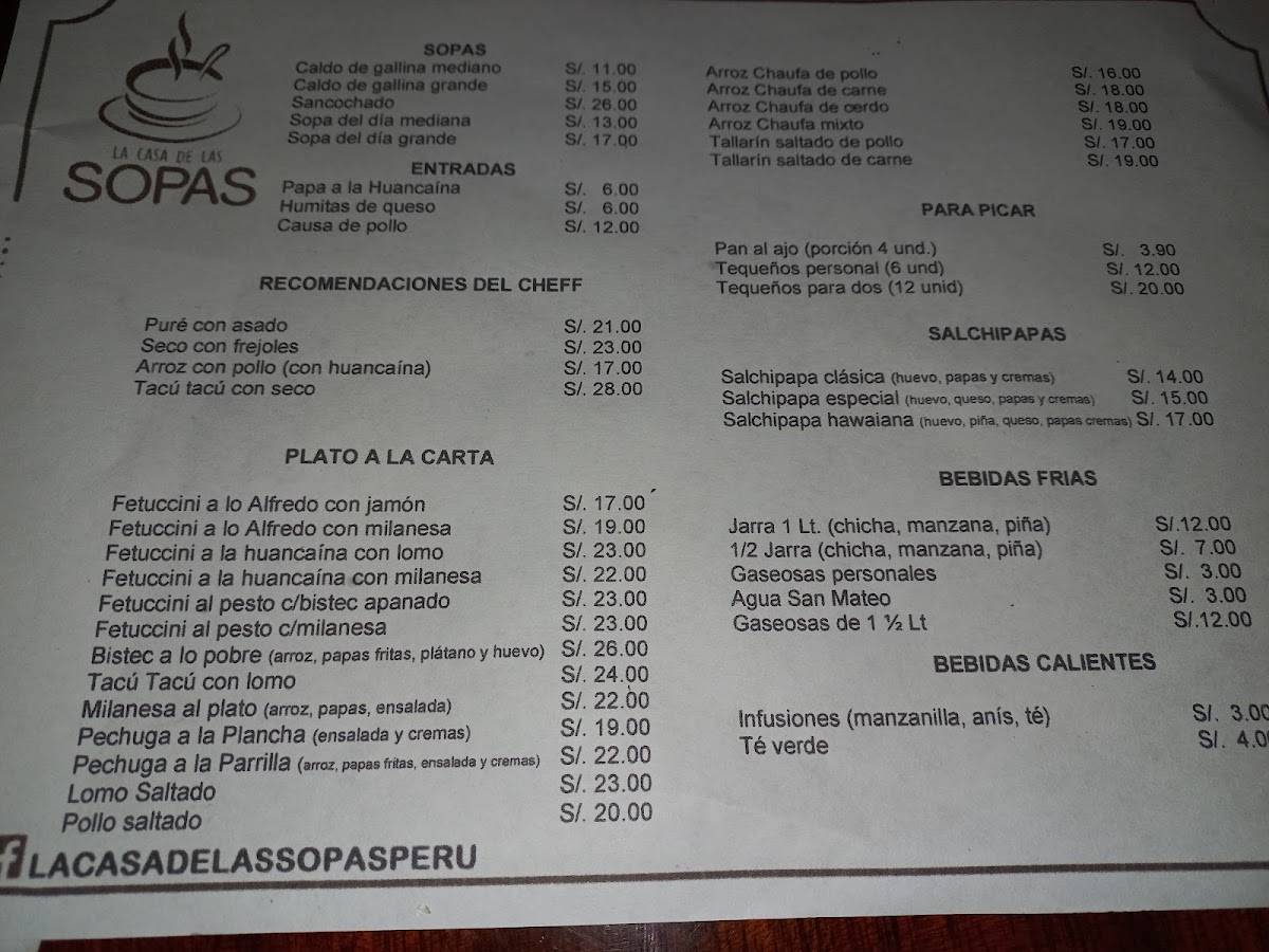 Carta del restaurante La Casa del las Sopas, Pueblo Libre