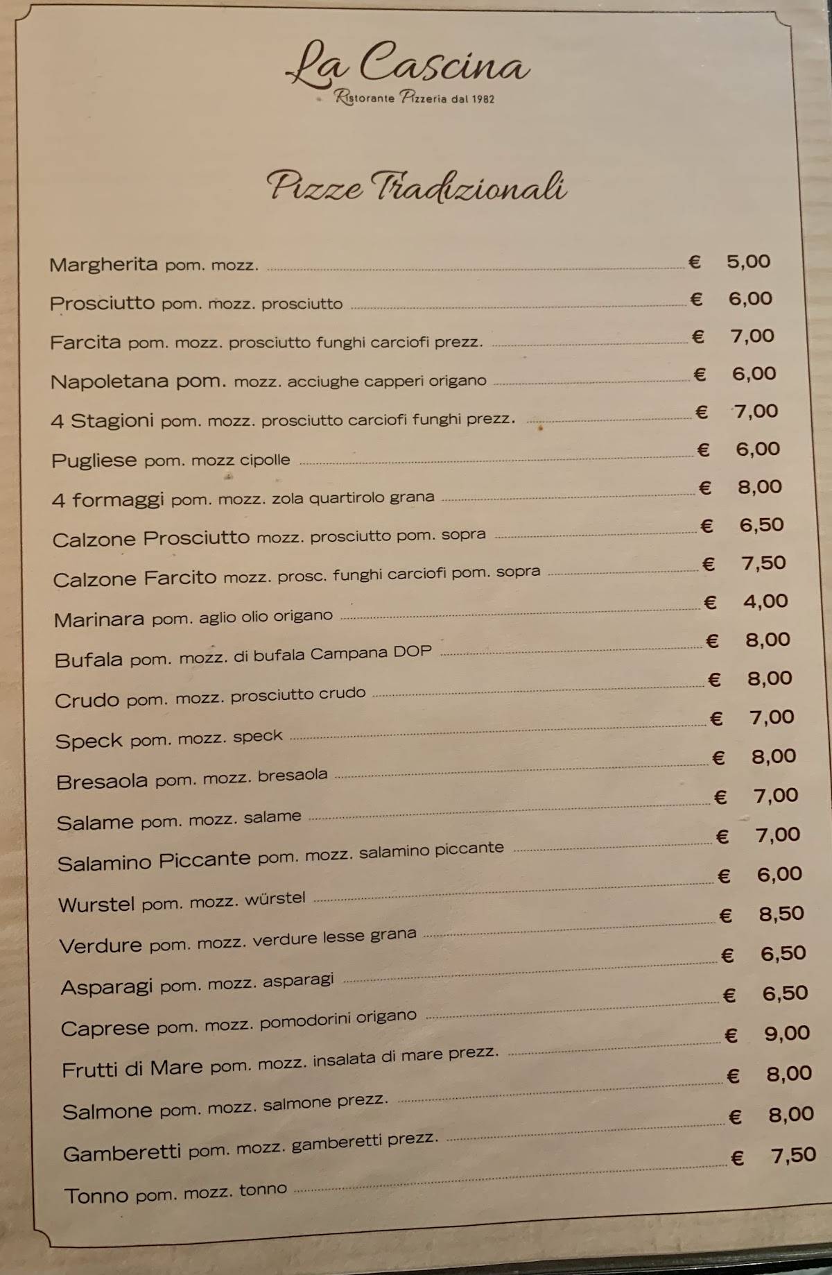 Menu da La Cascina ristorante, Credaro, Via Luigi Cadorna