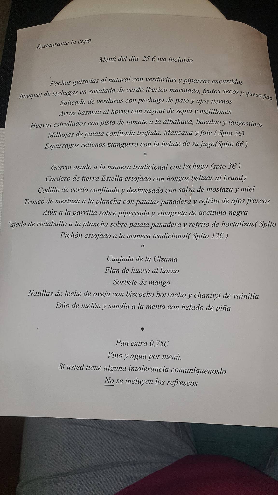 Carta del restaurante La Cepa, Estella