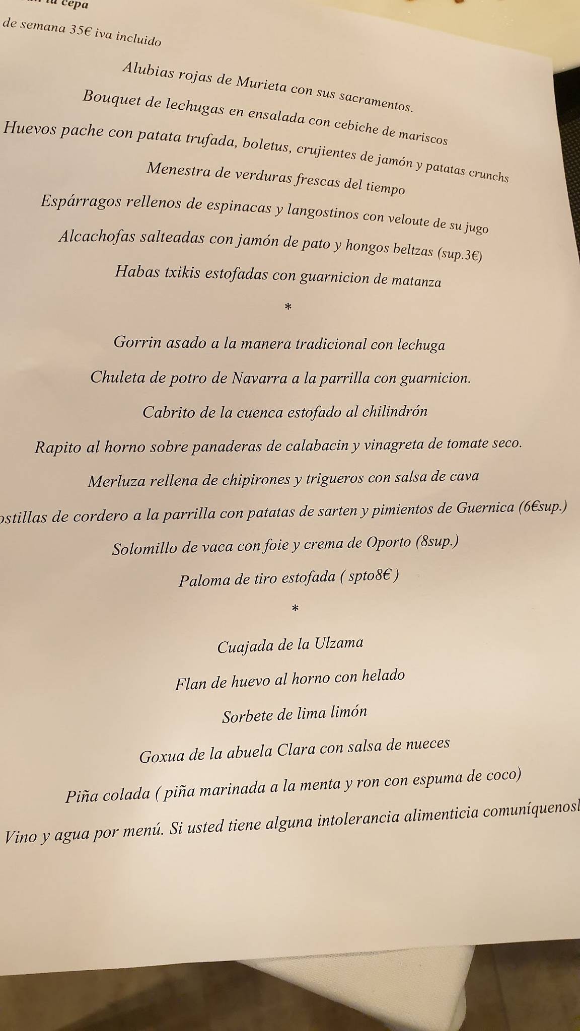 Carta del restaurante La Cepa, Estella