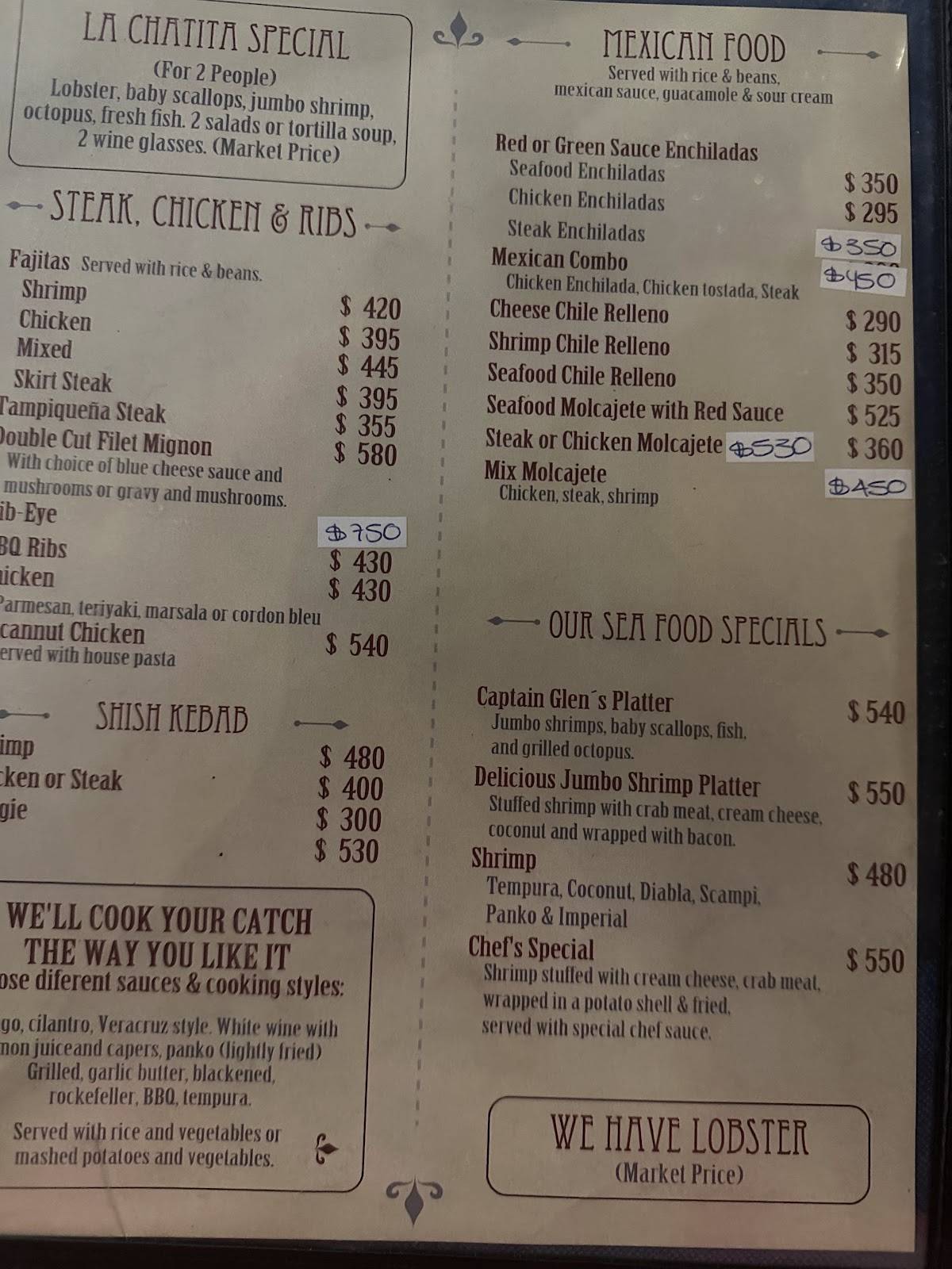 Menu at La Chatita pub & bar, Cabo San Lucas