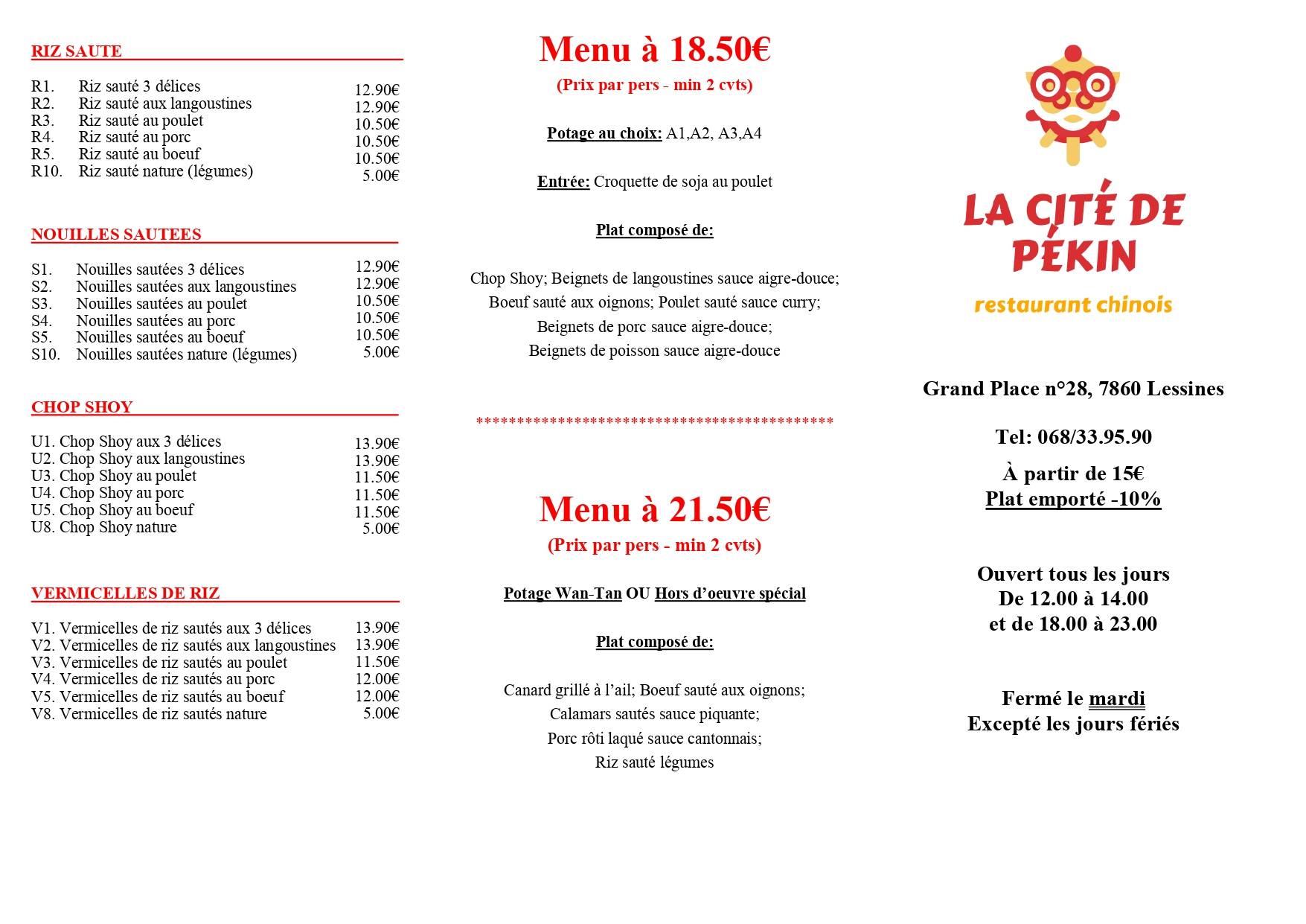 Menu au La Cite de Pékin, Lessines