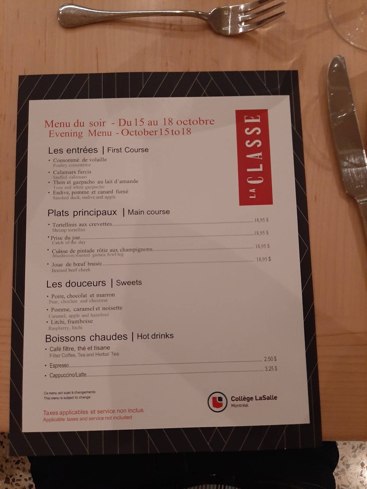 Menu at La Classe restaurant, Montréal