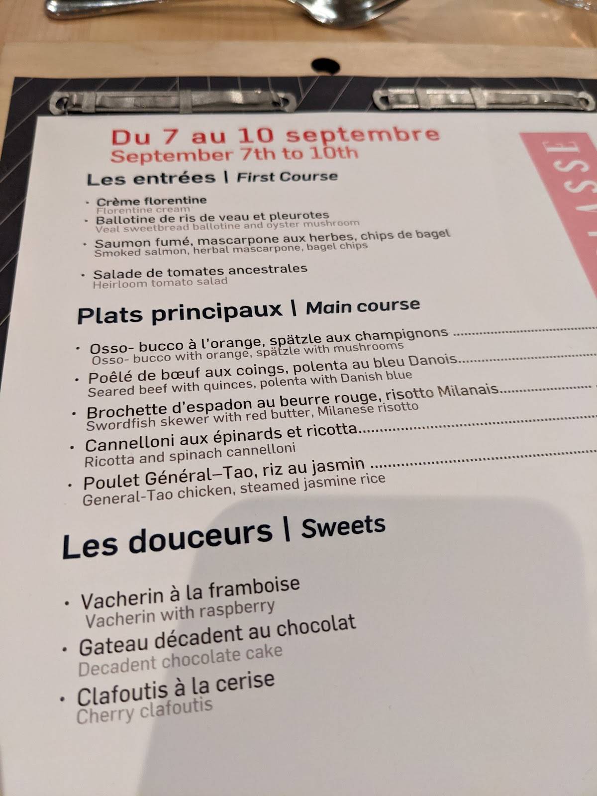 Menu at La Classe restaurant, Montréal