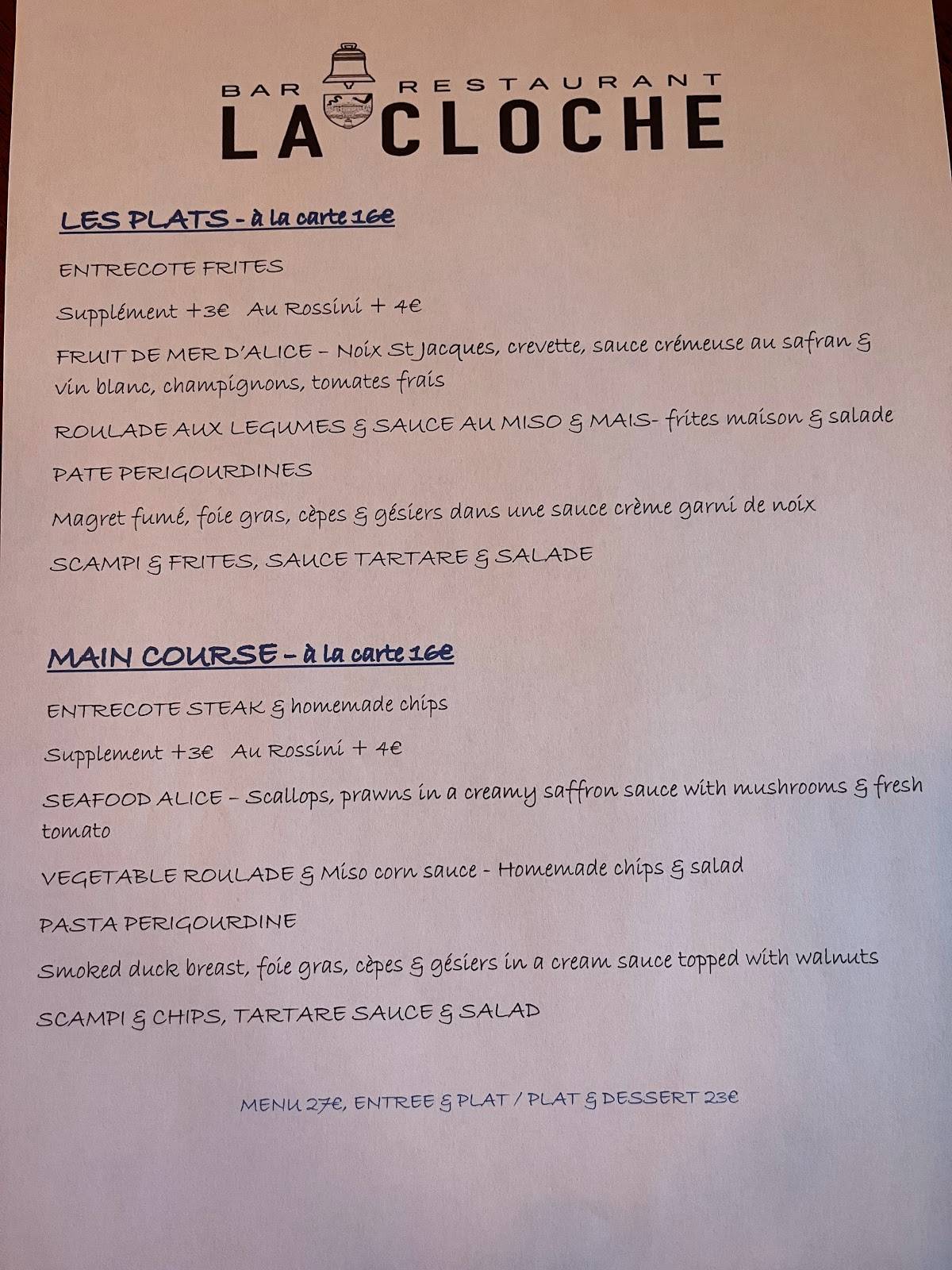 Menu at La Cloche restaurant, Abjat-sur-Bandiat
