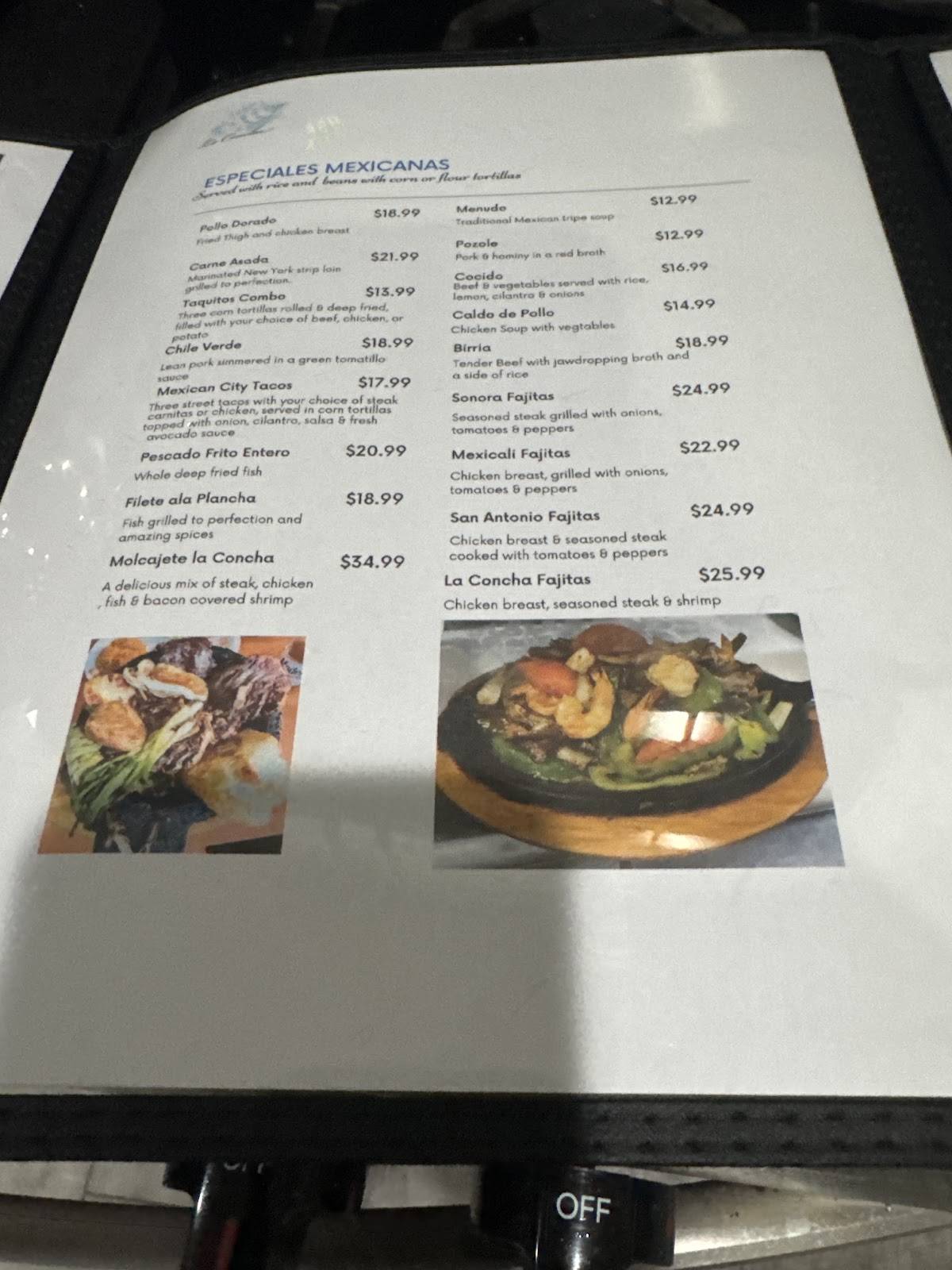 Menu at La Concha Coastal Mexican Grill restaurant, Redlands