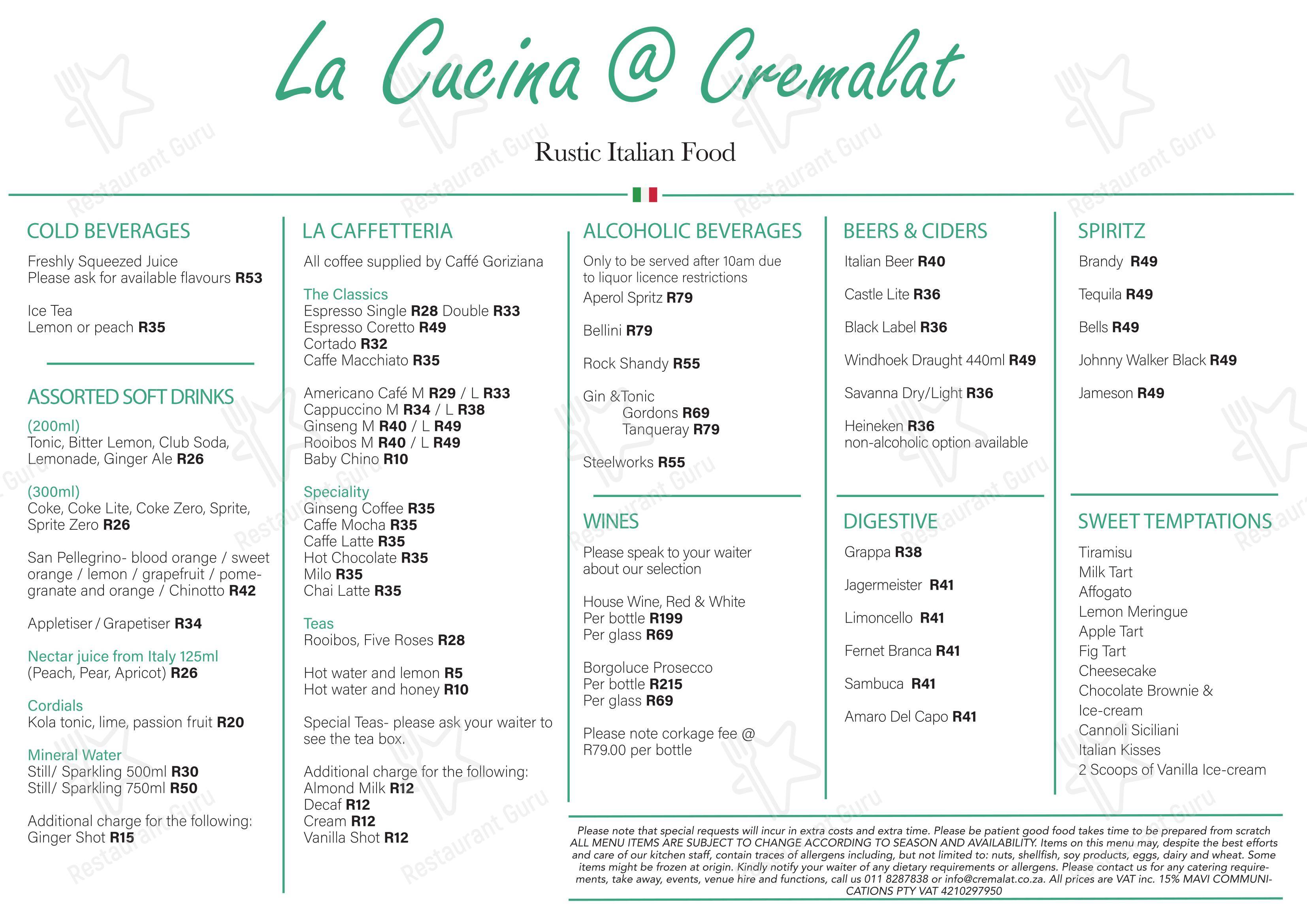 Menu at La Cucina @ Cremalat cafe, Germiston