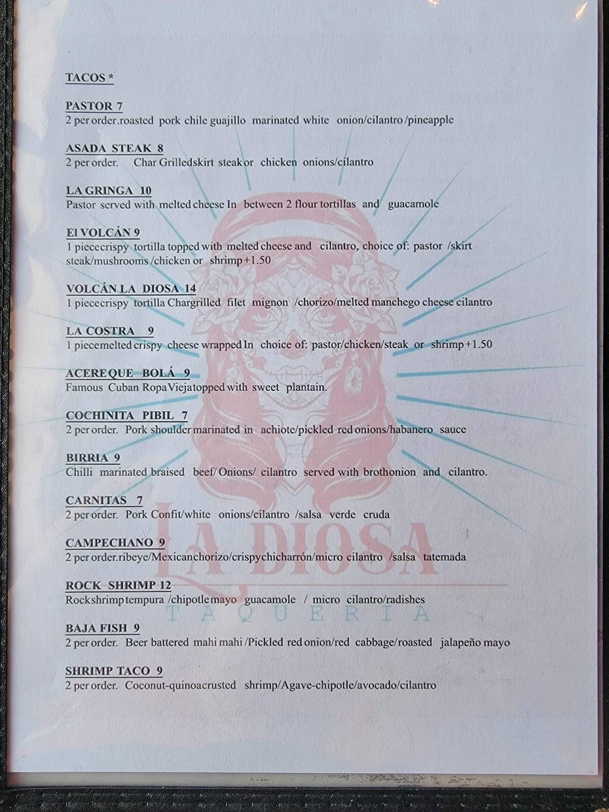 Carta del restaurante La Diosa Taqueria Calle 8, Miami