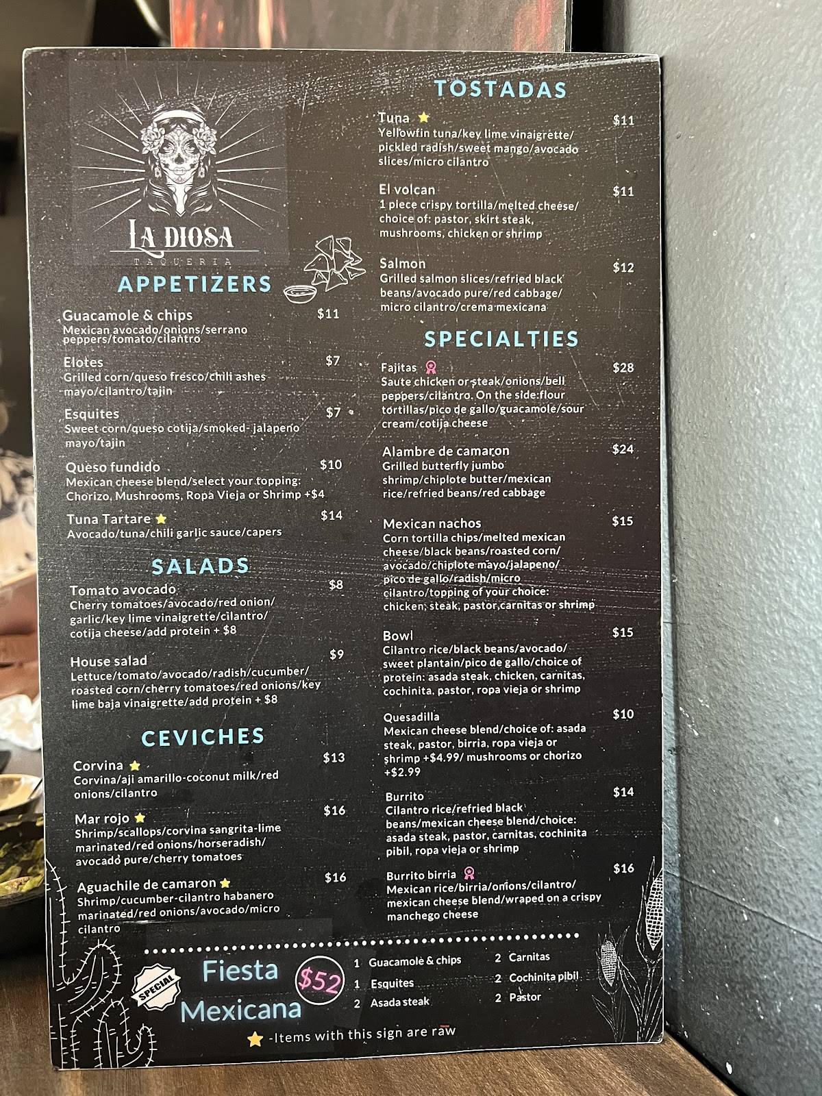 Carta del restaurante La Diosa Taqueria Calle 8, Miami