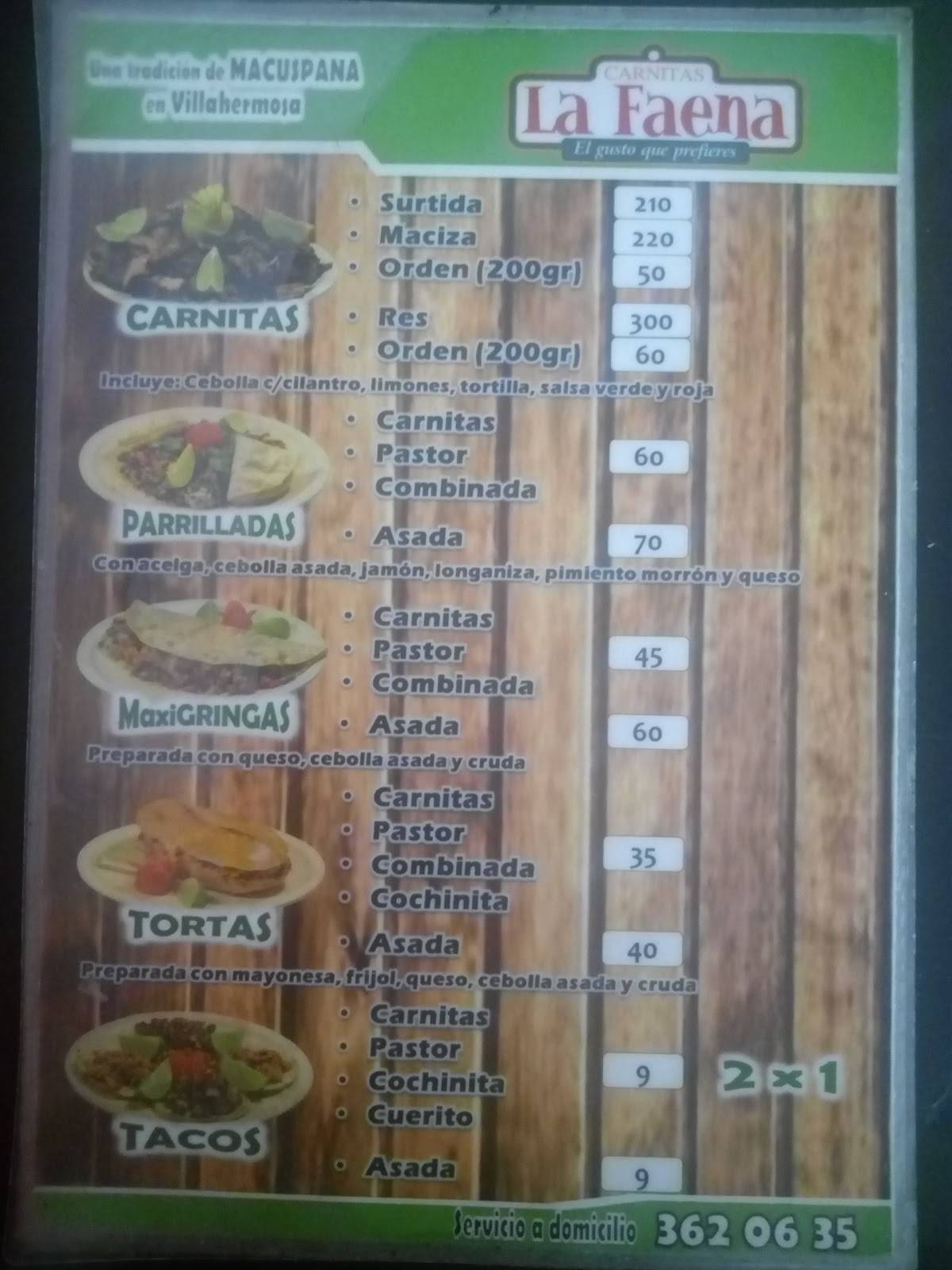 Carta del restaurante La Faena, Macuspana