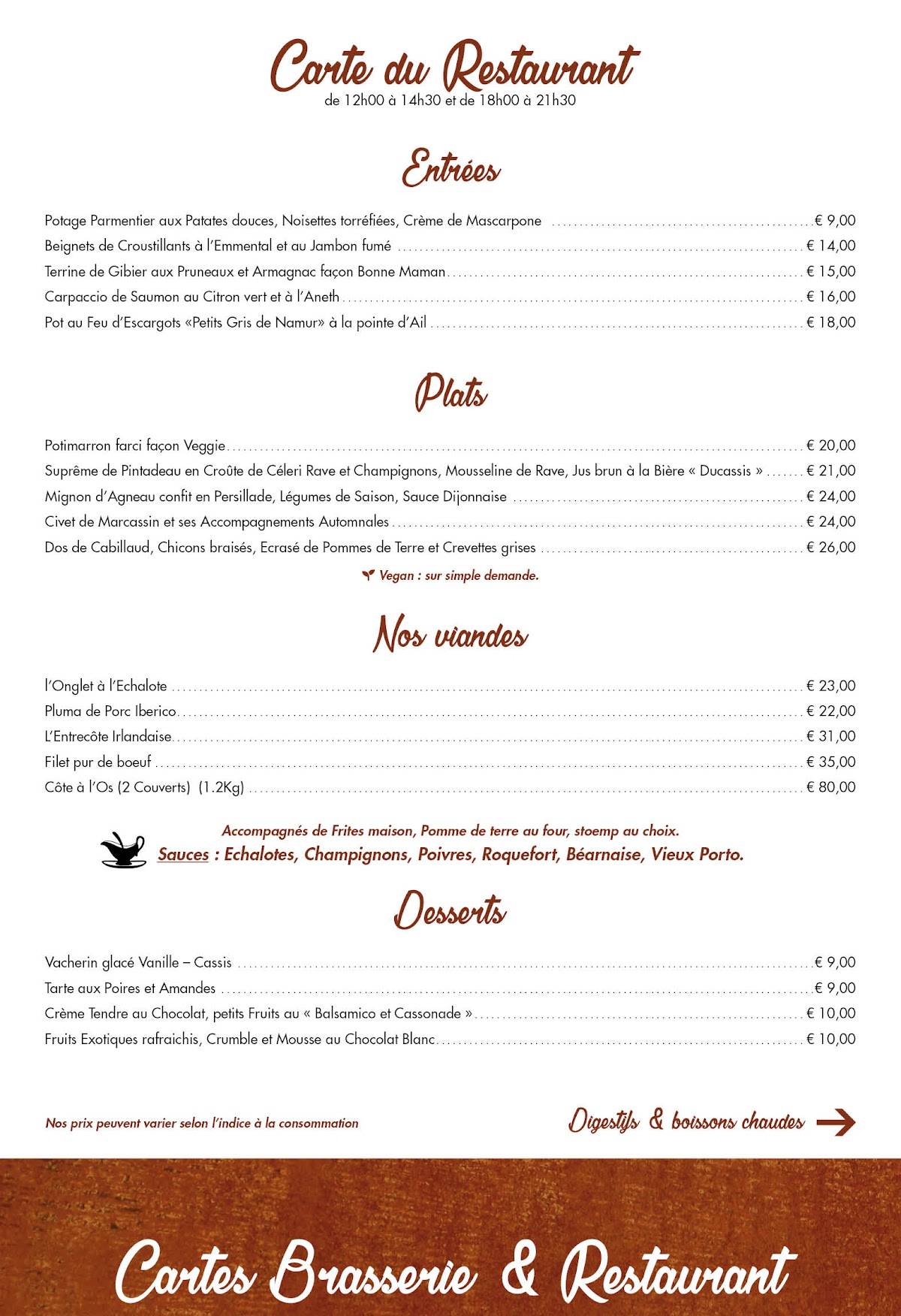 Menu au La Ferme De Bonne Maman - Brasserie, Restaurant, Quevy