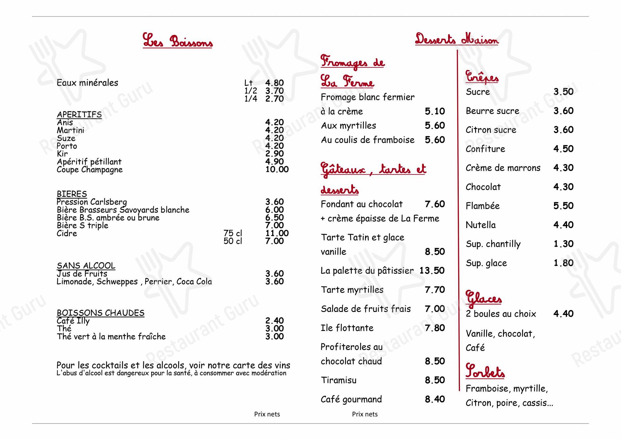 Menu au La Ferme restaurant, La Clusaz
