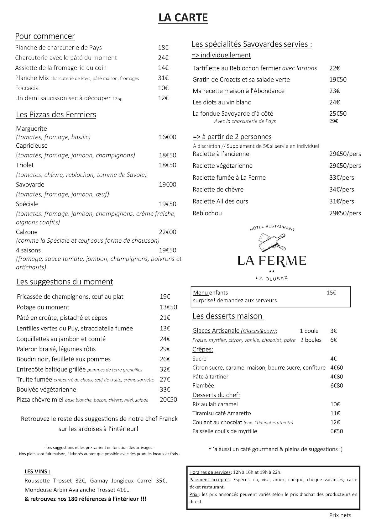 Menu at La Ferme restaurant, La Clusaz