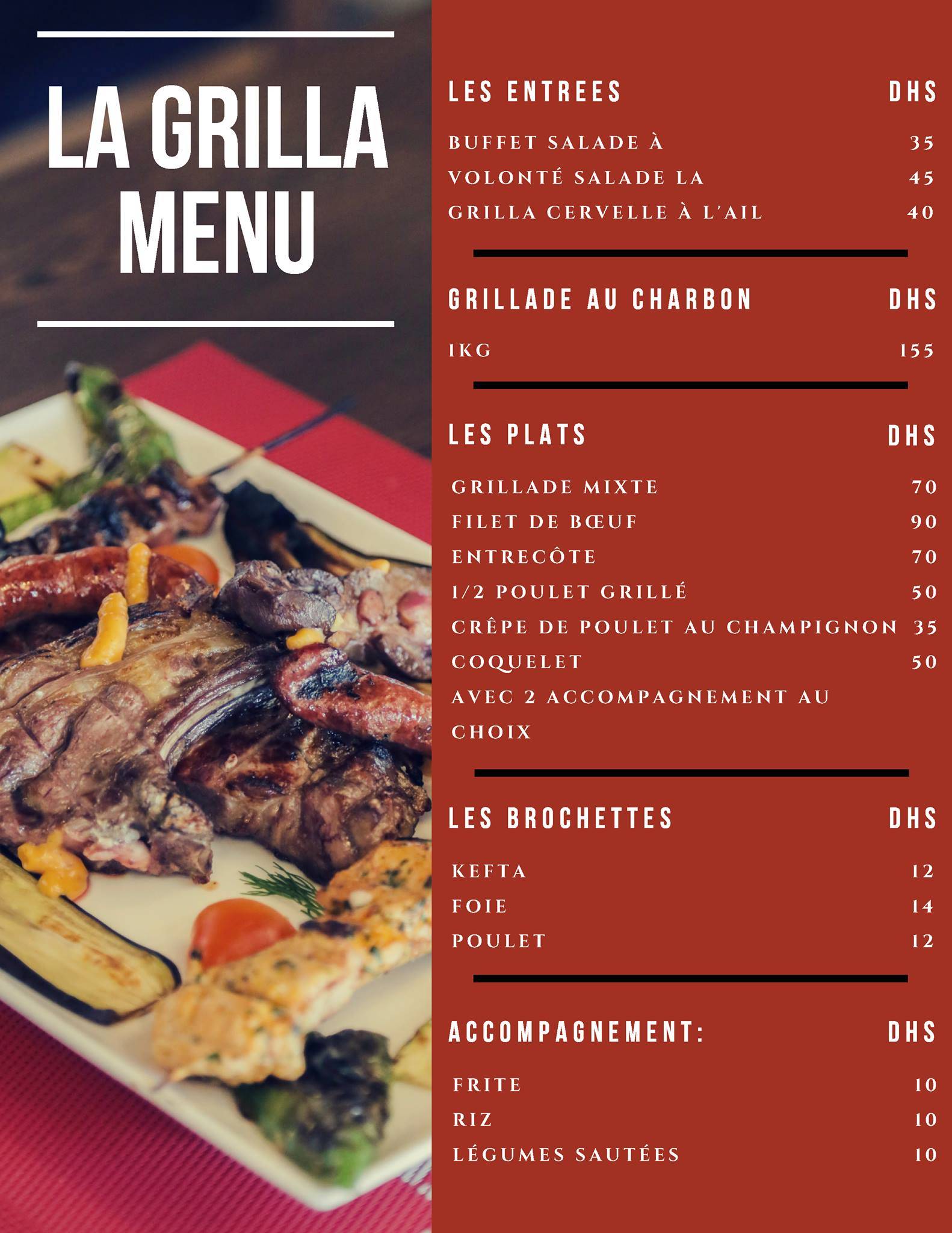 Menu au La Grilla Marrakech restaurant, Marrakech