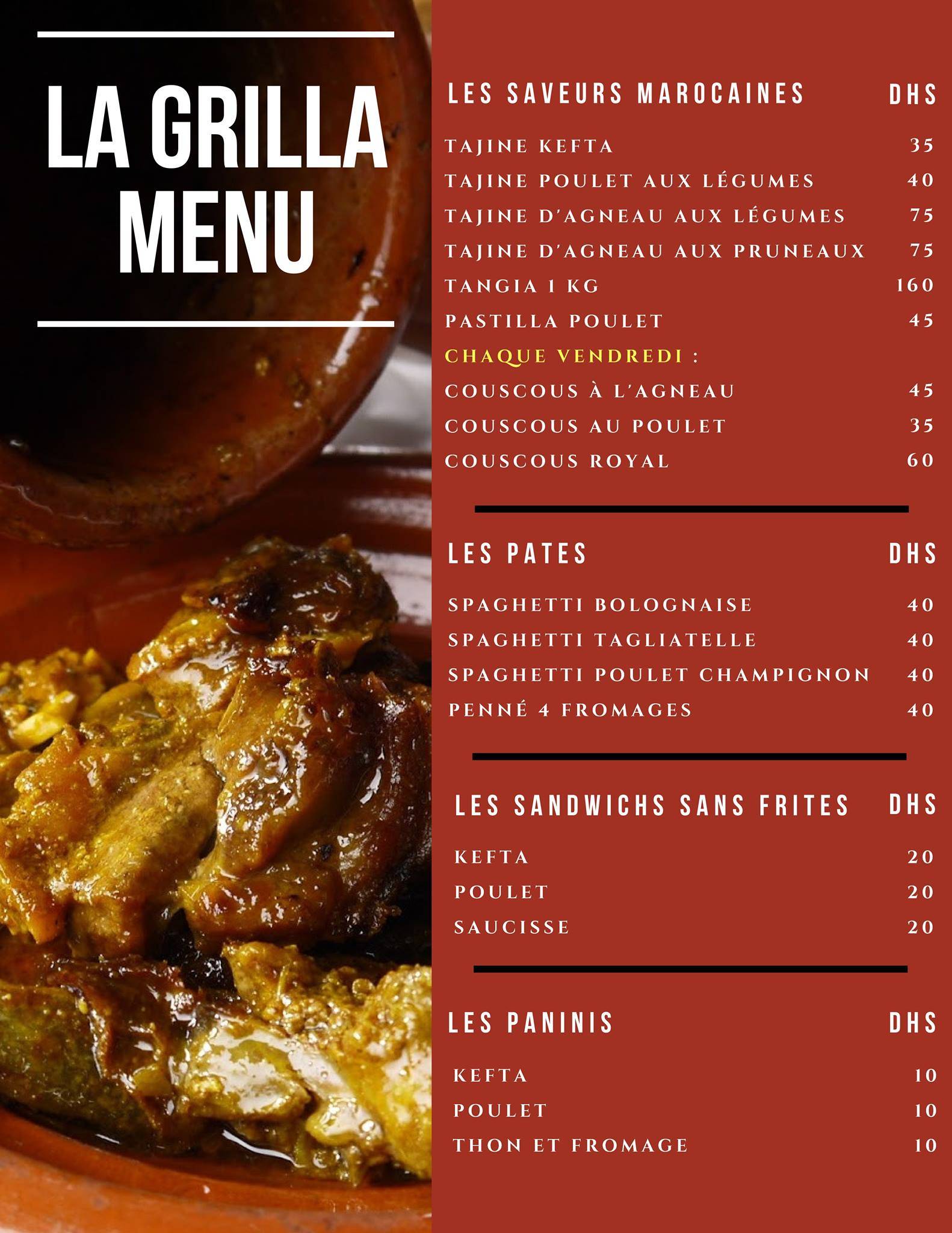 Menu au La Grilla Marrakech restaurant, Marrakech