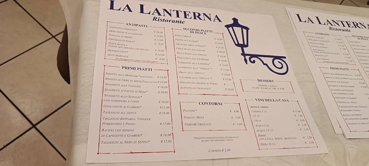 Menu da La Lanterna ristorante, Riva Ligure, Corso Villaregia