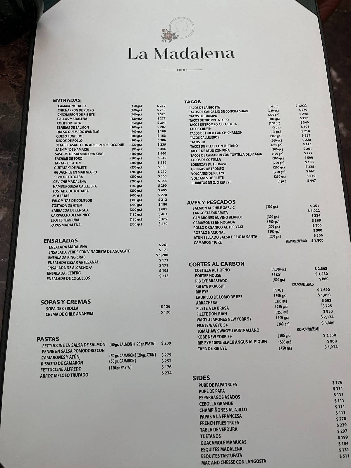 Carta del restaurante La Madalena Guadalajara, Zapopan