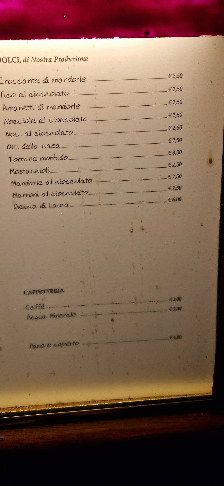 Carta del restaurante La Masseria, Marzaglia
