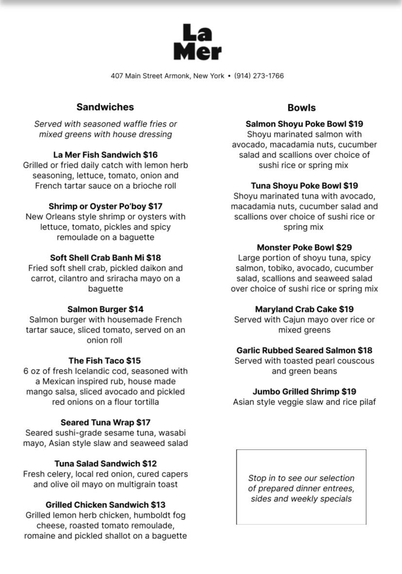 Menu at La Mer Seafood restaurant, Armonk