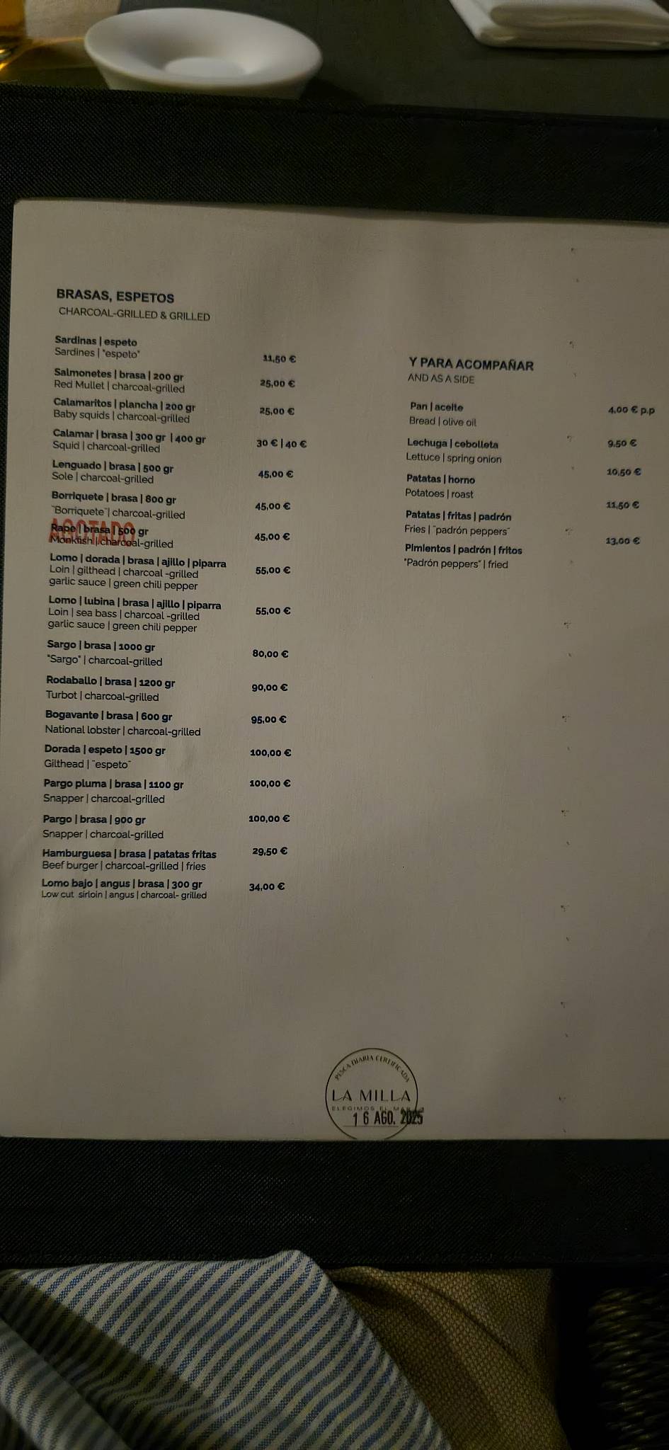 Carta del pub y bar La Milla, Marbella